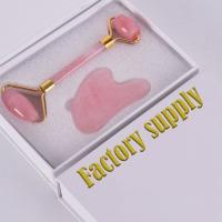 China Pink Rose Quartz Stone Derma Jade Roller and Gua Sha Set with OEM Gift Box Packaging for sale