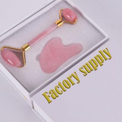 China Pink Rose Quartz Stone Derma Jade Roller and Gua Sha Set with OEM Gift Box Packaging for sale