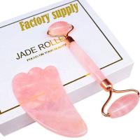 China Pink Rose Quartz Stone Derma Jade Roller and Gua Sha Set with OEM Gift Box Packaging for sale