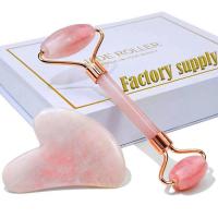 China Pink Rose Quartz Stone Derma Jade Roller and Gua Sha Set with OEM Gift Box Packaging for sale