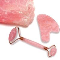 China Pink Rose Quartz Stone Derma Jade Roller and Gua Sha Set with OEM Gift Box Packaging for sale