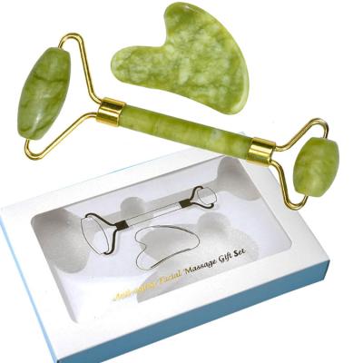 China Gold Frame Jade Roller and Gua Sha Set Integrated Zin Alloy Frame Facial Massage Set for sale