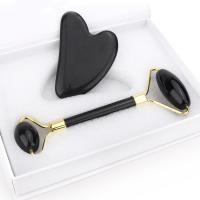 China Box OEM Natural Quartz Gua Sha Stone Black Obsidian Jade Guasha Massage Roller for Facial Skincare Tool Set for sale