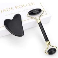 China Box OEM Natural Quartz Gua Sha Stone Black Obsidian Jade Guasha Massage Roller for Facial Skincare Tool Set for sale