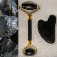 China Box OEM Natural Quartz Gua Sha Stone Black Obsidian Jade Guasha Massage Roller for Facial Skincare Tool Set for sale