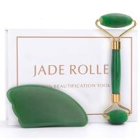 China Facial Guasha Skin Massager Tool Natural Stone Green Jade Roller Set with Box Packaging Kit for sale