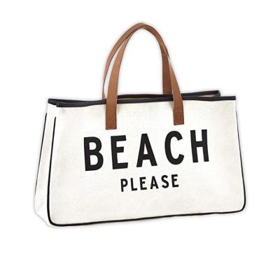 China Custom Printed Large Canvas Travel Weekend Getaway Summer Beach Tote Bag with Leather Handles for sale
