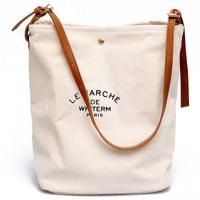 China Supermarket Custom Logo Cotton Canvas Tote Shoulder Bags with Brown Leather Handles for sale