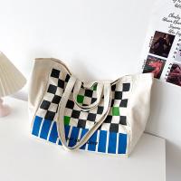 China Custom Logo Heavy-duty Checkerboard Canvas Bag for Fashionable Color Contrast Shopping for sale