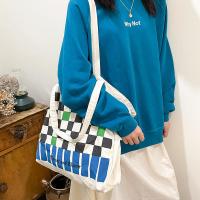 China Custom Logo Heavy-duty Checkerboard Canvas Bag for Fashionable Color Contrast Shopping for sale