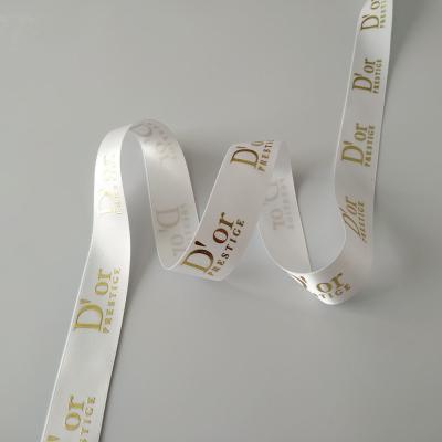 China OEM Accepted Custom Gold Foil Printed 3D Logo Polyester Satin Ribbon for Gift Wrapping for sale
