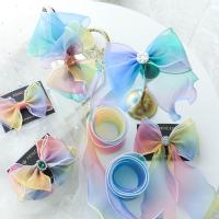 China Gradient Curling Wave Edge Satin Fabric Rainbow Handmade Bow Ribbon Flowers Children's Hair Clip for sale