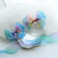 China Gradient Curling Wave Edge Satin Fabric Rainbow Handmade Bow Ribbon Flowers Children's Hair Clip for sale