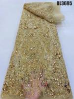 China Supoo Luxury Embroidered French Lace fabric Handmade Beaded Ghana Mesh net Lace Fabric for party for sale