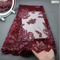 China Supoo luxury burgundy lacing beads french tulle lace beaded net lace fabric for bride dress and evening dress for sale