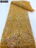 China Middle East Muslim Arabian  wedding dress heavy Handmade embroidery beaded bridal lace fabric nave blue beaded French sequined for sale