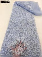 China Middle East Muslim Arabian  wedding dress heavy Handmade embroidery beaded bridal lace fabric nave blue beaded French sequined for sale