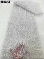 China Middle East Muslim Arabian  wedding dress heavy Handmade embroidery beaded bridal lace fabric nave blue beaded French sequined for sale