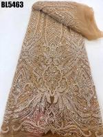 China Middle East Muslim Arabian  wedding dress heavy Handmade embroidery beaded bridal lace fabric nave blue beaded French sequined for sale