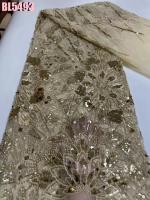 China Latest fashionable aso ebi beaded lace wedding dress with shiny beaded French mesh lace with colorful beaded for sale