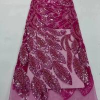 China Dubai top quality heavy Handmade embroidery beaded lace French bridal lace fabric bridal wedding dress french net lace Senegal for sale