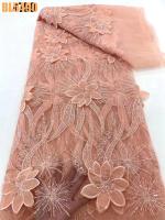 China ladies dress 2023 heavy Handmade embroidery beaded bridal lace fabric white beaded lace fabric for wedding evening dress for sale
