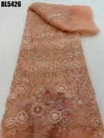 China Luxury Pearl Lace Fabric Indian Handmade Beaded Sequin Embroidered Mesh Fabric For Dubai White Bridal Evening Gown for sale