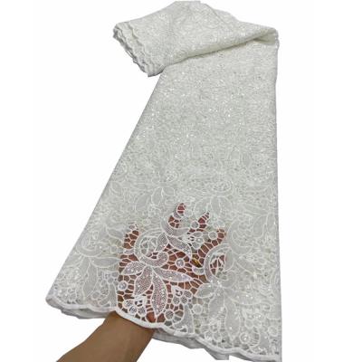China High quality cotton guipure lace fabric with sequins White water soluble  Cutout embroidery design cord lace fabric for wedding for sale