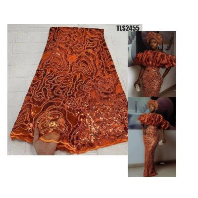 China New Arrival Quality Fancy Sequin Embroidery Mesh French African Lace Fabric For Formal Dress Abaya Dubai for sale
