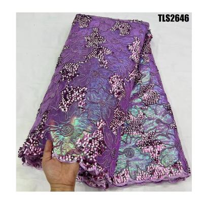 China Fancy Sequin Embroidery Mesh French African Lace Fabric for Ceremony Dress Abaya Dubai for sale