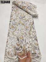 China 2023 New style sequins lace african fabric for wedding tulle mesh french white lace wedding dress women clothing for sale