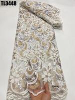 China 2023 New style sequins lace african fabric for wedding tulle mesh french white lace wedding dress women clothing for sale