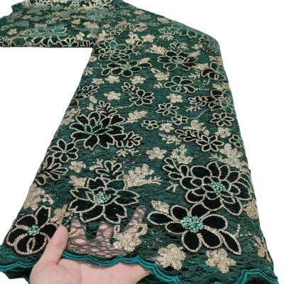 China Supoo green flocking velvet lace Nigerian lace embroidery african lace fabric Senegal dress for wedding for sale
