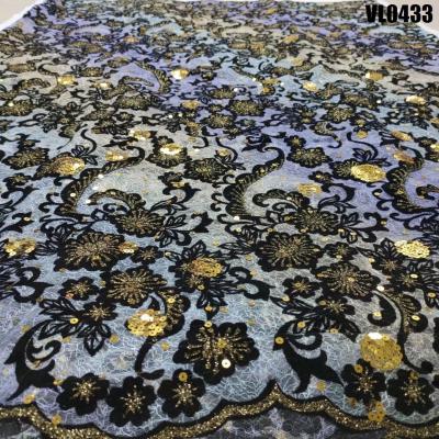 China Supoo Aso ebi design flocking velvet lace with sequins Senegal lace fabric for sale