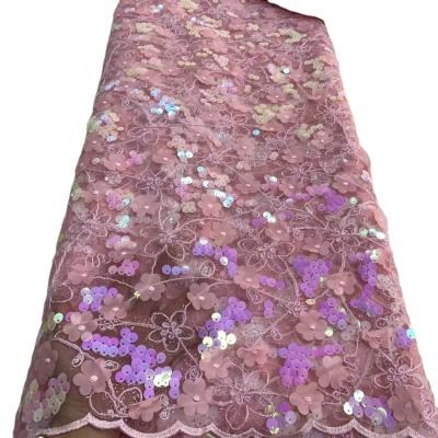 China Sequins Decoration 3D Flowers Lace African Embroidery Fabric for Bridal Wedding Dress for sale