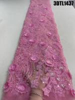 China 3D flowers lace embroidery Beaded lace fabric African Lace Fabric bridal wedding dress for sale