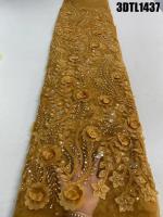 China 3D flowers lace embroidery Beaded lace fabric African Lace Fabric bridal wedding dress for sale