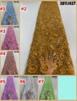 China 3D flowers lace embroidery Beaded lace fabric African Lace Fabric bridal wedding dress for sale