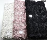 China African Beaded sequin flower applique 3d flower lace fabric mesh lace fabric embroidery organza for sale