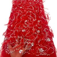 China Popular red 3d feathers lace tulle net sequins lace dress  french fabric wedding african lace fabric Dubai clothes for party for sale