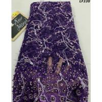 China Handmade Beaded Lace Trim Luxury Feather Embroidery Lace Fabric for Evening Gowns for sale