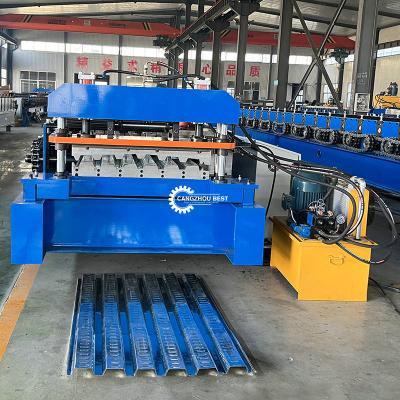 China Steel Decking Floor Sheet Panel Roll Forming Machine With Press Logo for sale