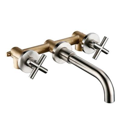 China Wall-mounted Double Handle Basin Faucet with Brass Body and Half-turn Brass Cartridge Suitable for Washbasin Chrome Matte Black Brush Nickel Gold Finish for sale