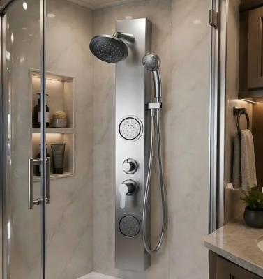 China Modern Stainless Steel Luxury Bathroom RV Shower Panel RV 4-Spray Rain Shower SS Brushed Surface with Backside massage function for sale