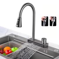 China Popular Waterfall Faucet 304 Stainless Steel Hot And Cold Rainfall Kitchen Sink Water Taps Pull Out Spray Kitchen Sink Faucet for sale
