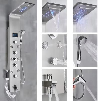 China Modern Stainless Steel Luxury Bathroom Shower Panel 6-Spray Rain Shower with LED light & digital screen for sale