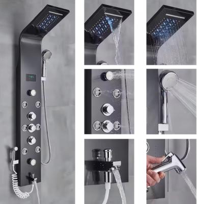 China Modern Stainless Steel Luxury Bathroom Shower Panel 6-Spray Rain Shower with LED light & digital screen for sale