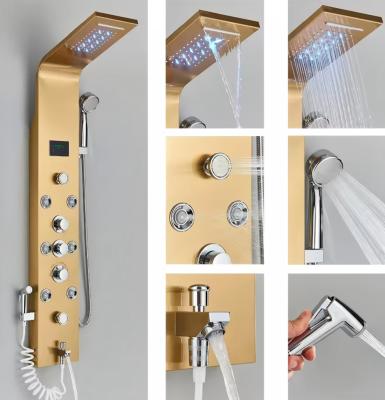 China Modern Stainless Steel Luxury Bathroom Shower Panel 6-Spray Rain Shower with LED light & digital screen for sale