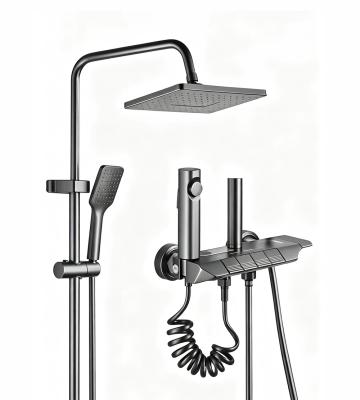 China Gunmetal Grey Shower System High Pressure Intelligent Digital Shower Faucet Set Piano Button Rainfall Shower Set for sale