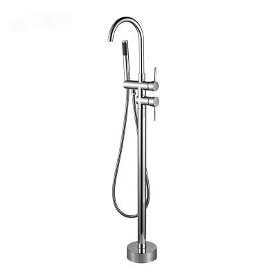 China Oersitor Luxury Brass Bathroom Faucet Floor Free Standing Faucet with Simple 2 Handle Hot and Cold Bathtub and Dual-Mode Faucet (FSB03 chrome) for sale